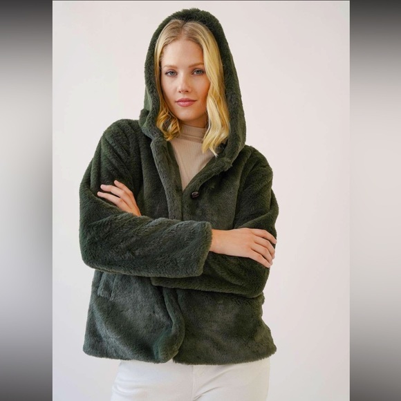 Mystree | Jackets & Coats | Faux Fur Hooded Jacket Knot Buttons Green S ...